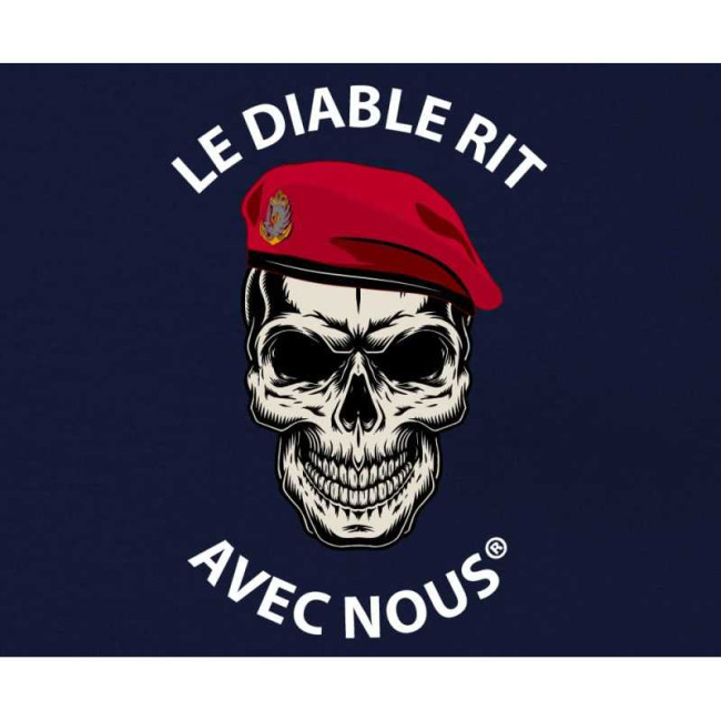 Navy blue t-shirt with "Le diable rit avec nous Colo" logo on chest ...